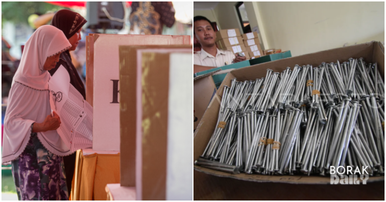 Pilihan Raya Indonesia Unik, Rakyat Tanda Kertas Undi Guna Paku