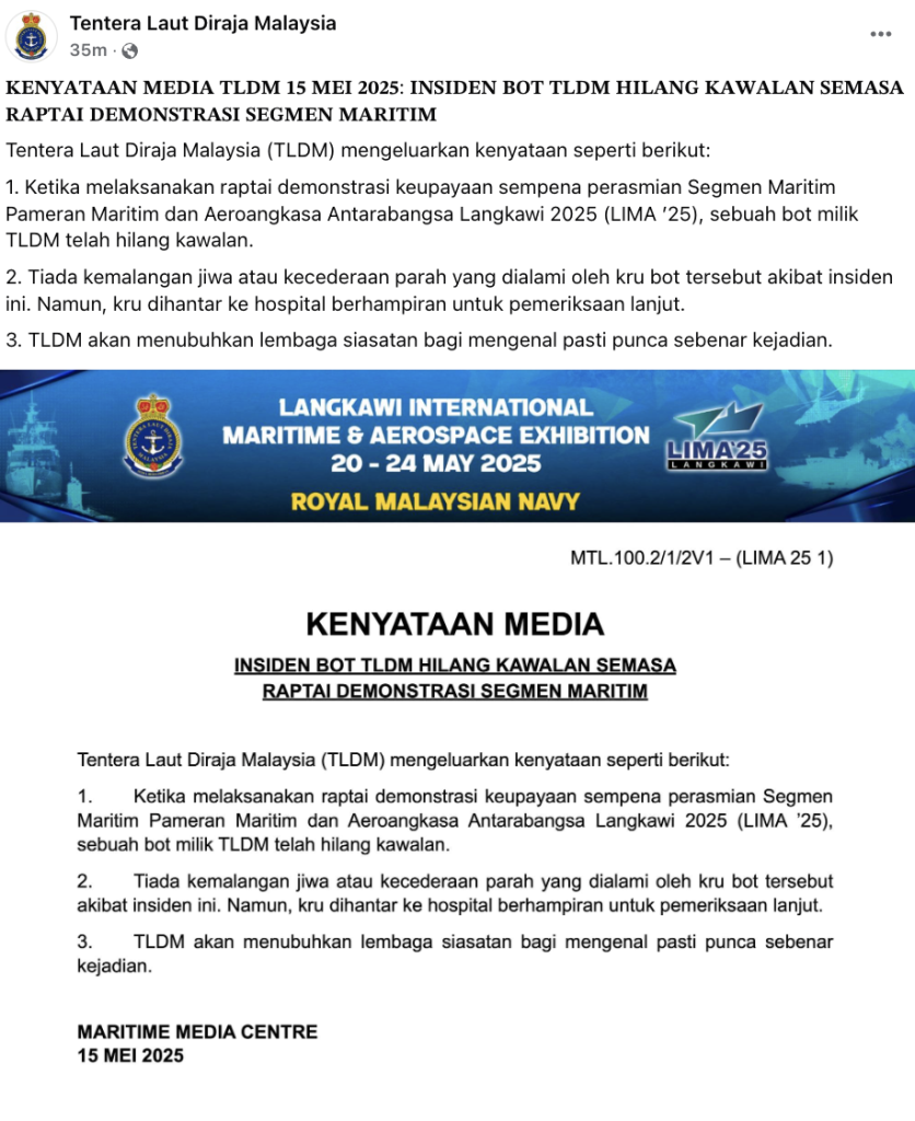 Bot TLDM Hilang Kawalan, Rempuh Bot Pelancong Ketika Latihan LIMA’25